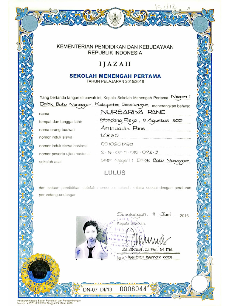 Ijazah SMP Nurbariya Pane | PDF