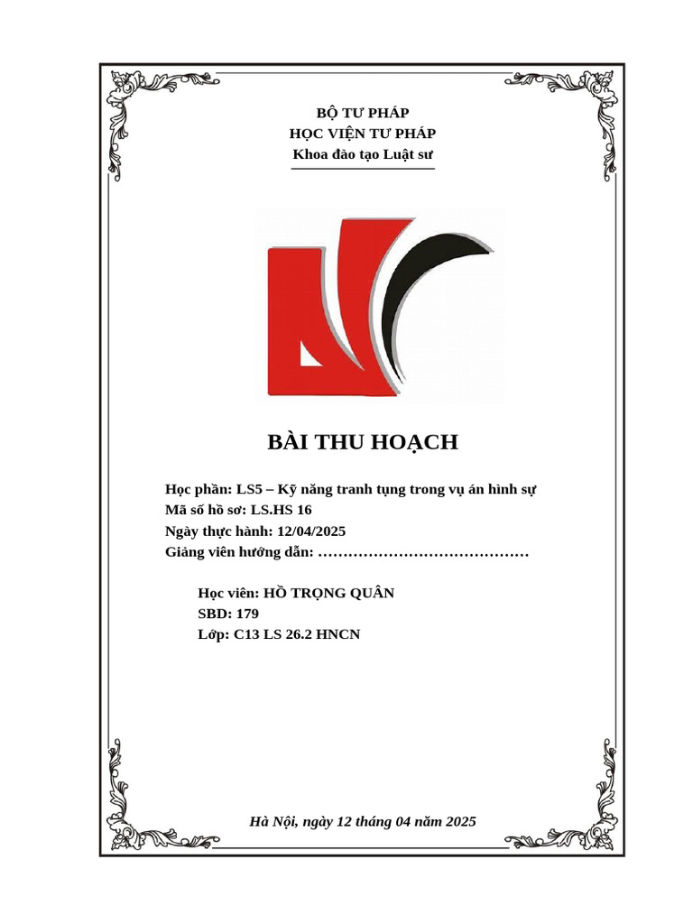 Bai Thu Hoach Dien An Hs Vu Duc Thang Co y Gay Thuong Tich Compress | PDF