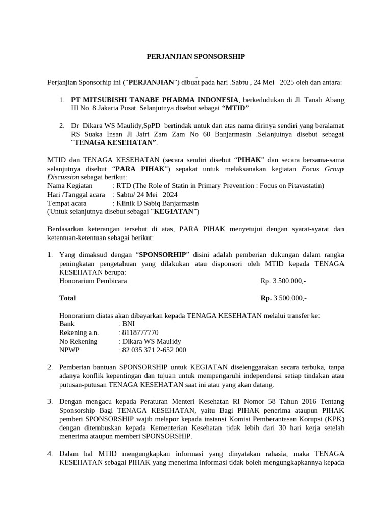 Surat Perjanjian Pembicara RTD LIV DR Dikara SPPD - Docx 9 Mei 2025 | PDF
