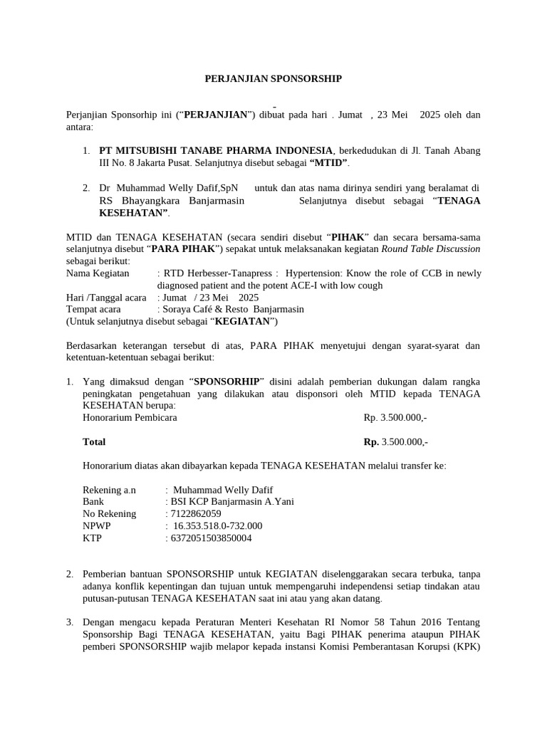 Surat Perjanjian Pembicara RTD - Muhammad Welly Dafif, SPS | PDF