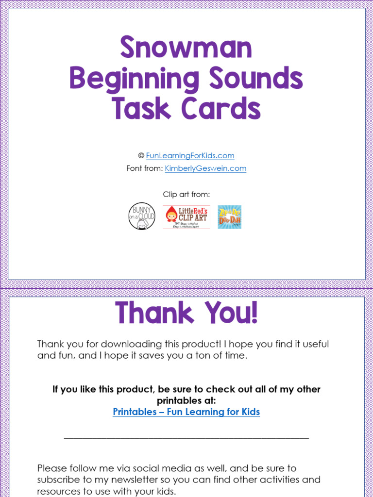 Snowman Beginning Sounds Task Cards | PDF
