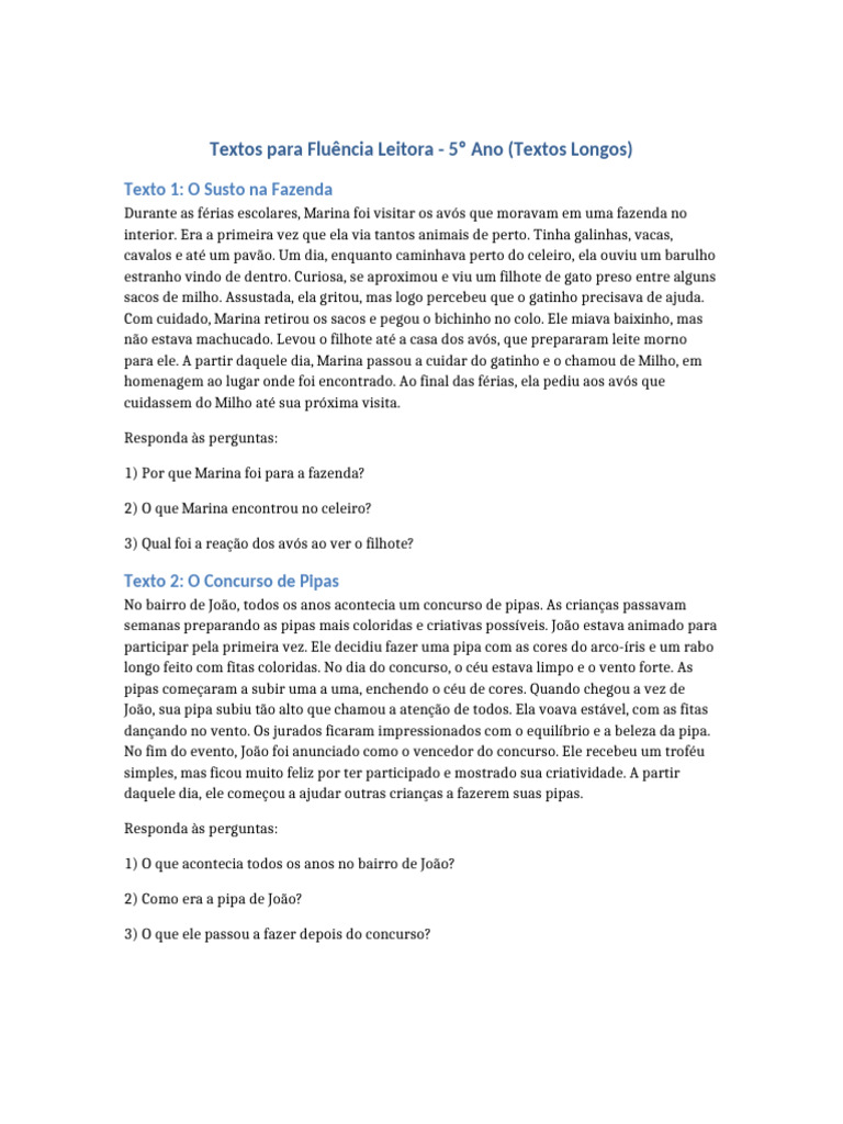 Textos Longos Fluencia Leitura 5ano | PDF
