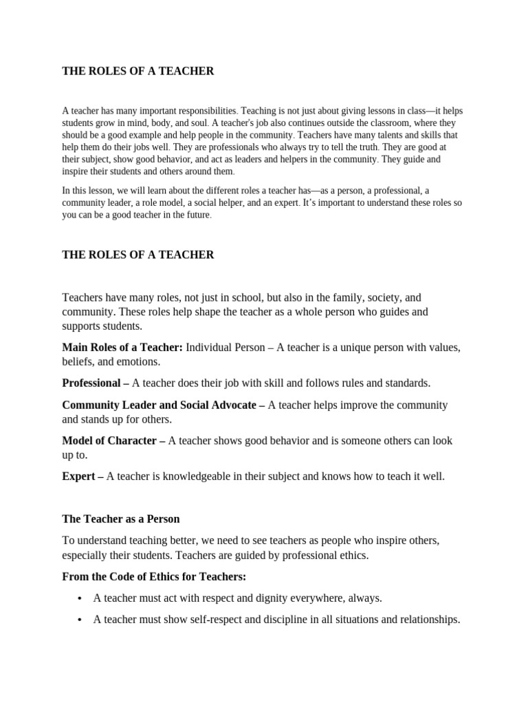 Essential Roles of a Teacher Explained | PDF | Teachers | Learning