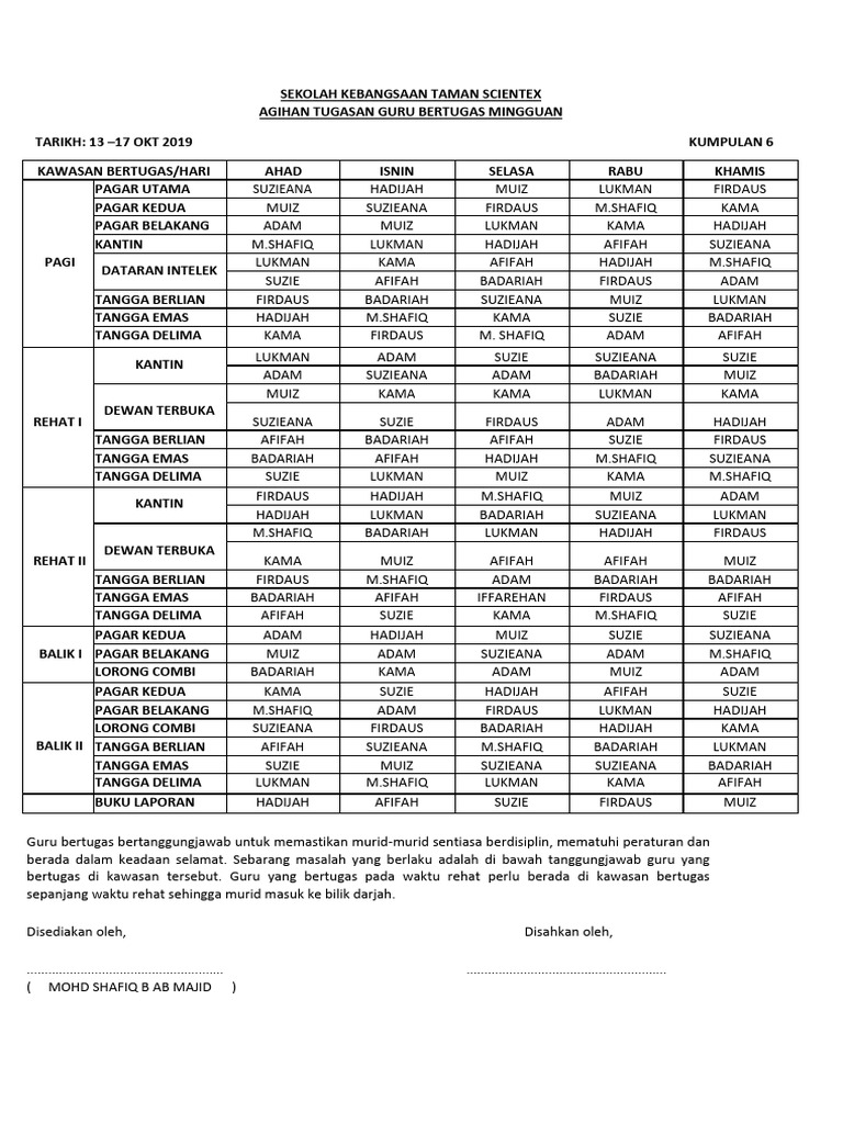 Jadual Bertugas Kump 6 | PDF