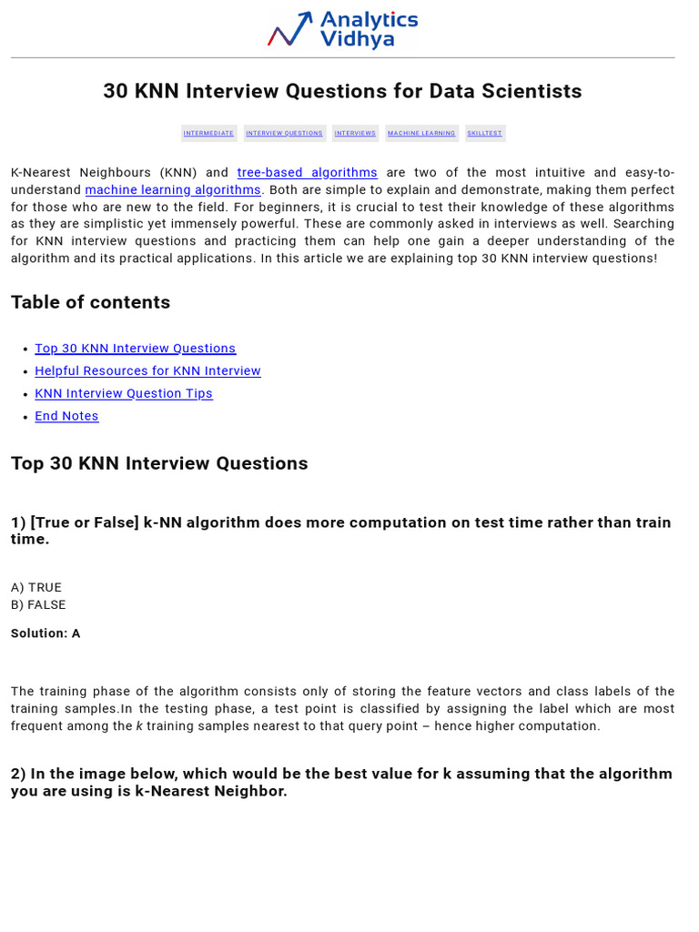 30 Interview Questions To Test Your Skills On KNN Algorithm | PDF ...