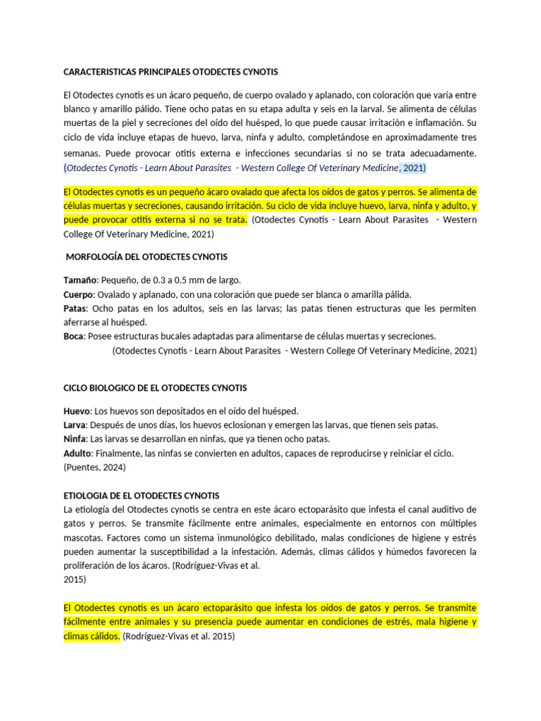 Características del Ácaro Otodectes Cynotis | PDF