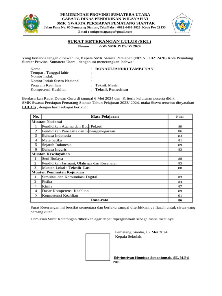 Contoh SKL SMK Persiapan 2024 | PDF