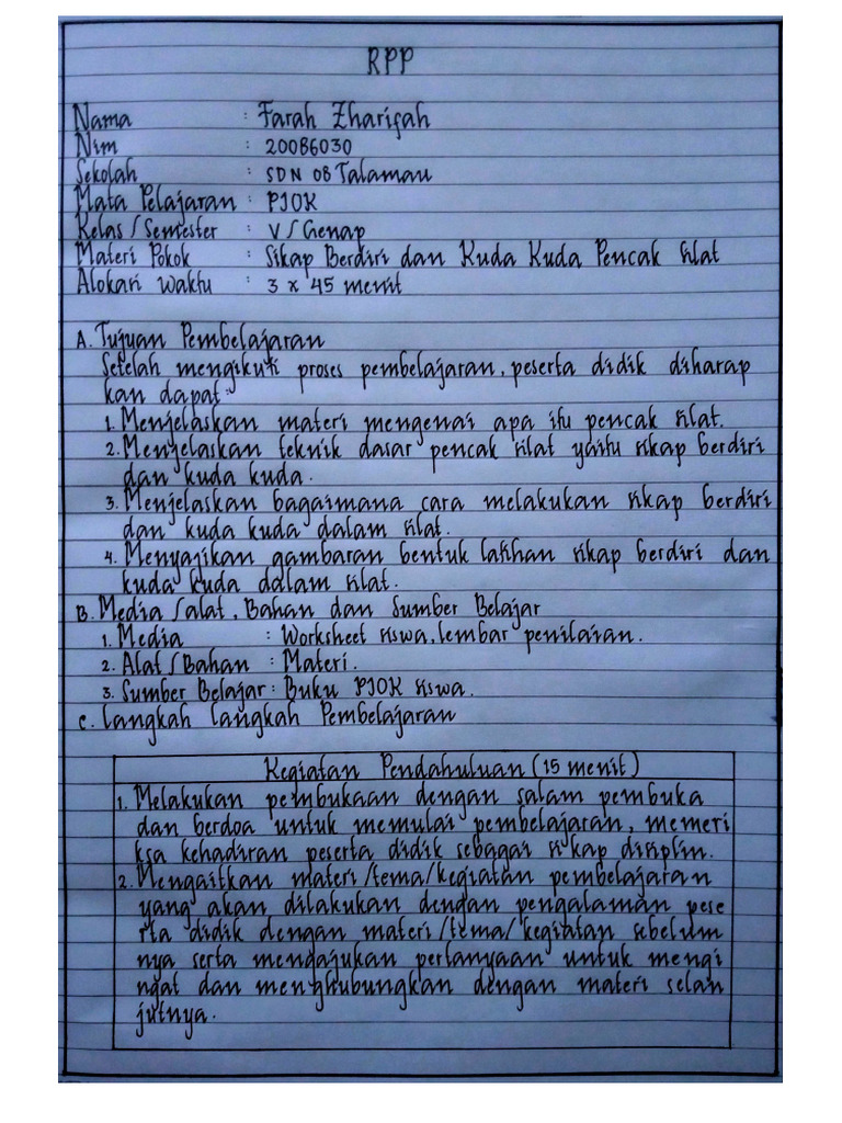 RPP Sikap Berdiri Dan Kuda Kuda Silat Farah Zharifah | PDF