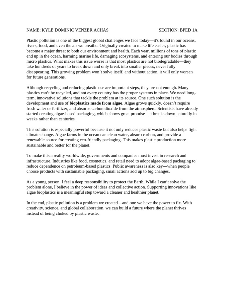 KYLE DOMINIC VENZER ACHAS ASSIGNMENT 3 PROF ED 3 | PDF | Plastic | Oceans