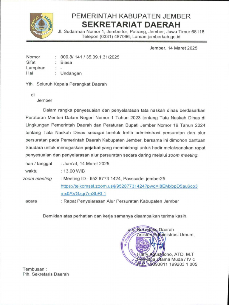 Undangan Zoom Rapat Penyelarasan Alur Persuratan Setda 14022025 | PDF