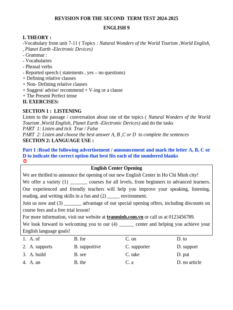Revision - CK2 Anh 9 - 24-25 | PDF | Foods | Plants