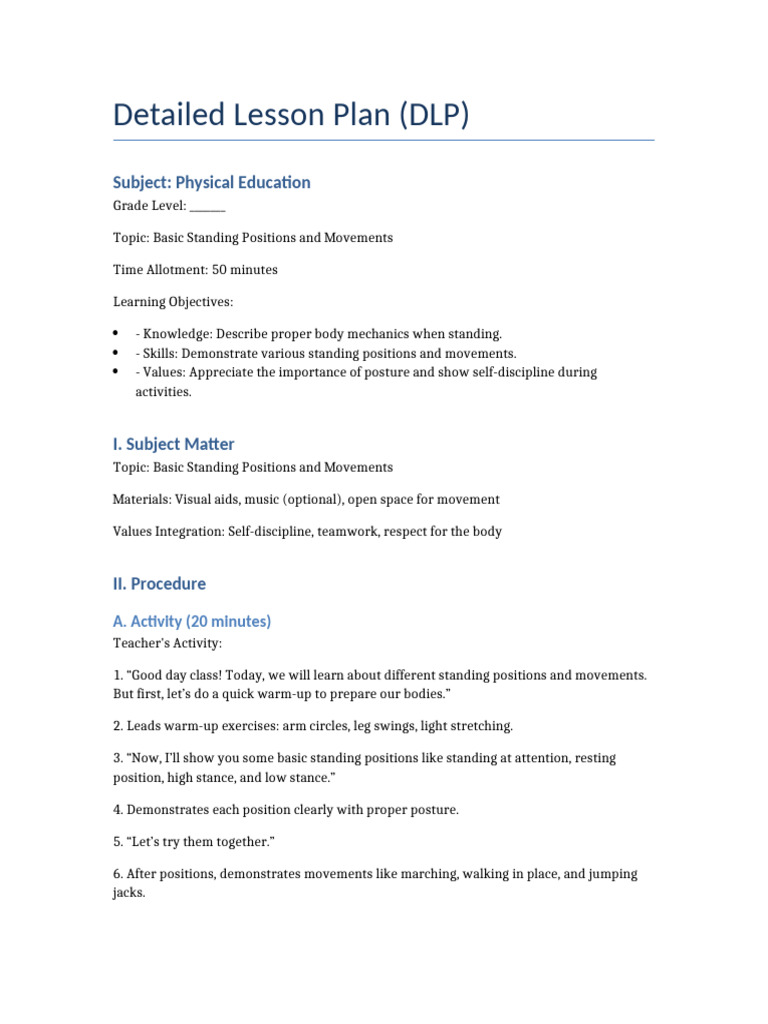 Basic Standing Positions in PE Lesson Plan | PDF | Disciplines | Teachers