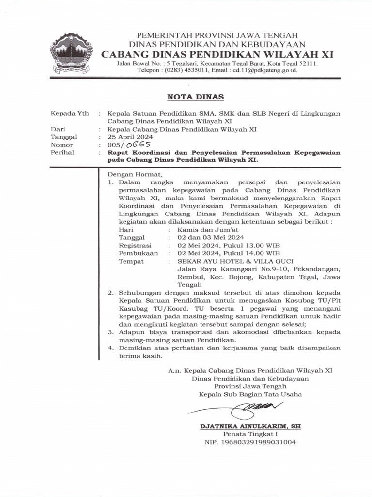 Nota Dinas Undangan Rapat Koordinasi Kepegawaian | PDF