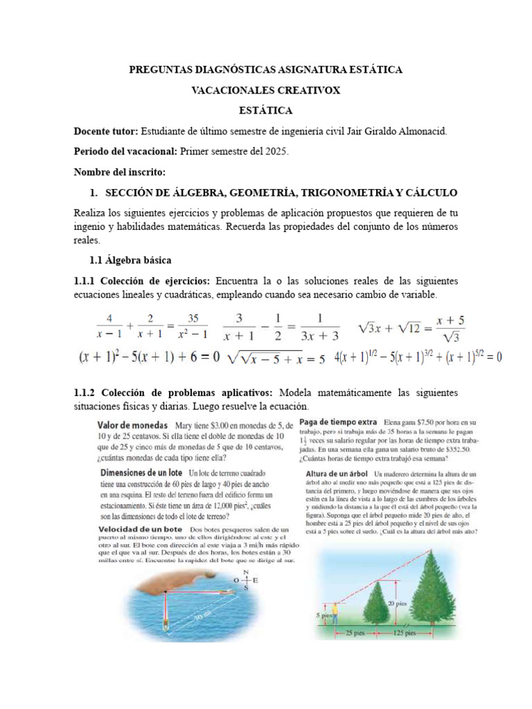 Preguntas Diagnósticas Asignatura Estática | PDF | Ecuaciones | Linealidad