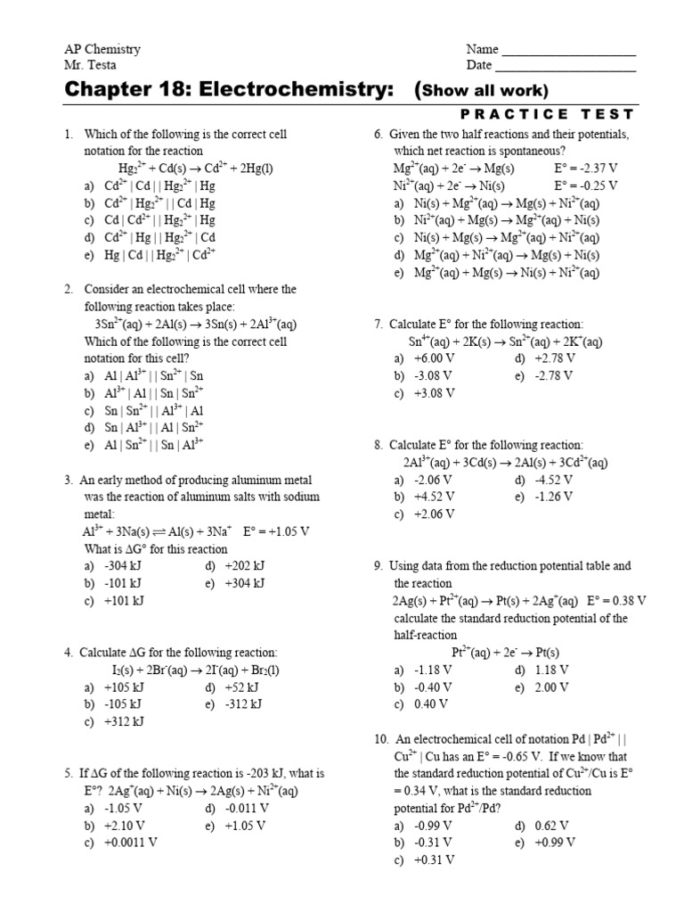 AP Chemistry Electrochemistry Practice Test | PDF | Redox | Materials