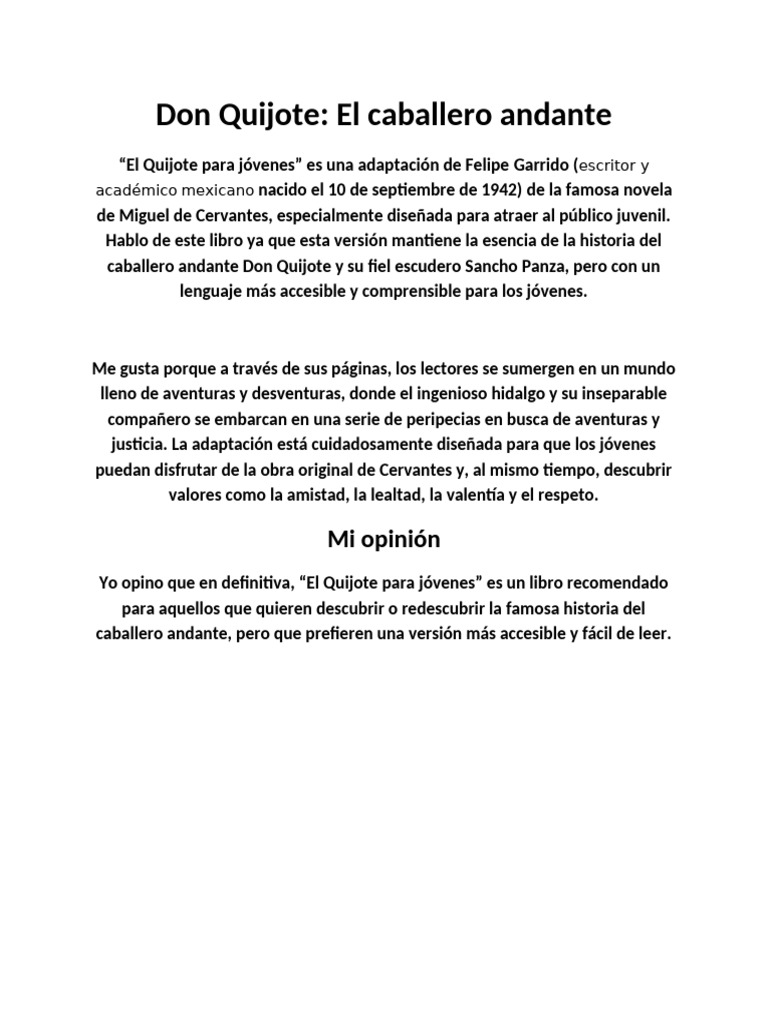 ReseÃ A El Quijote para Jovenes 2 | PDF