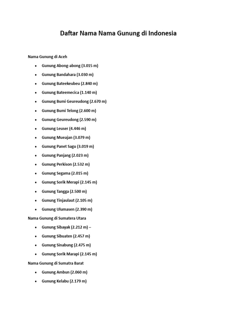 Daftar Nama Nama Gunung Di Indonesia | PDF