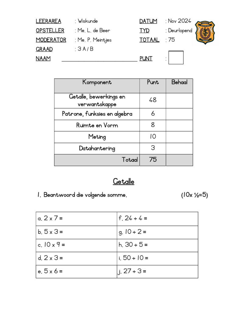 Graad 3 Wiskunde November 2024 | PDF