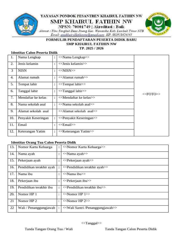 Formulir PPDB SMP Khairul Fatihin NW TP. 2025-2026 | PDF