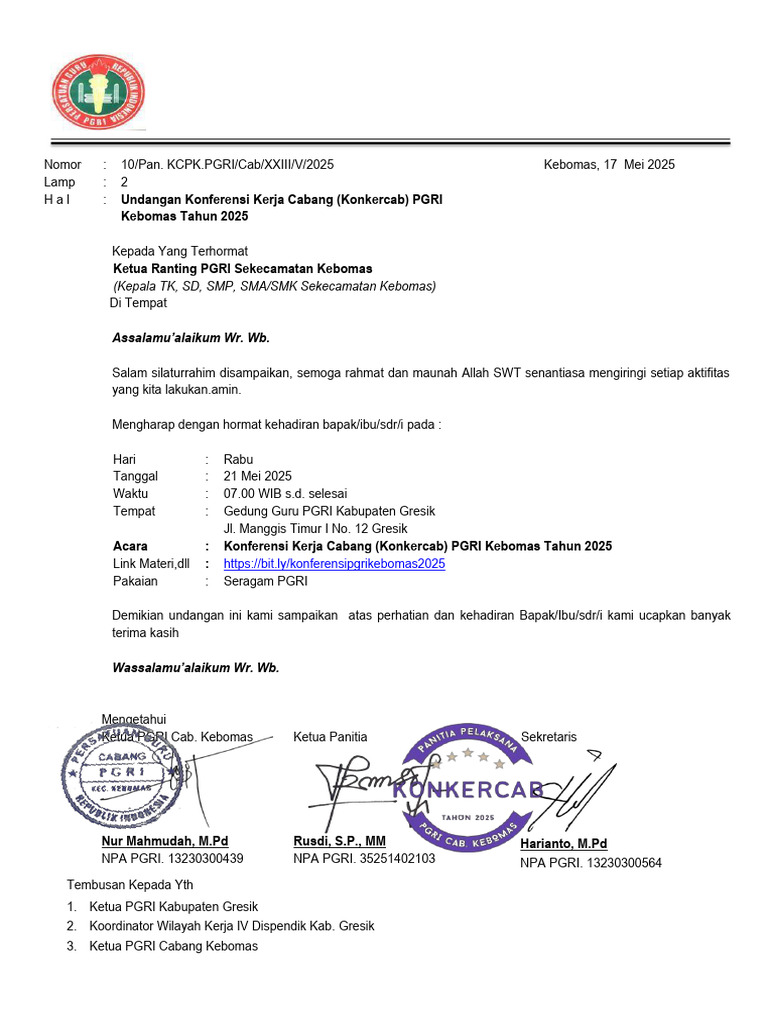 10. Surat Undangan-ranting Pgri Sekecamatan Kebomas Konkercab Pgri Kebomas Tahun 2025 -21 Mei ...