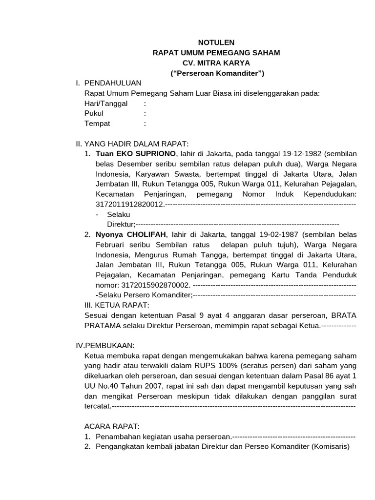 Notulen CV Mitra Karya | PDF