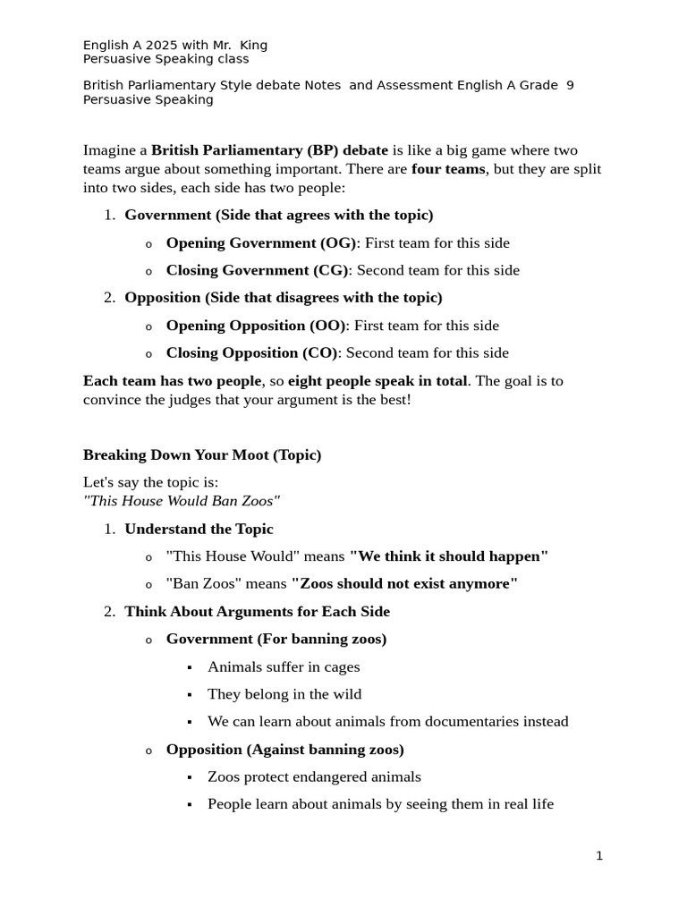 British Parliamentary Style Debate Notes Assignment English A Grade 9 ...