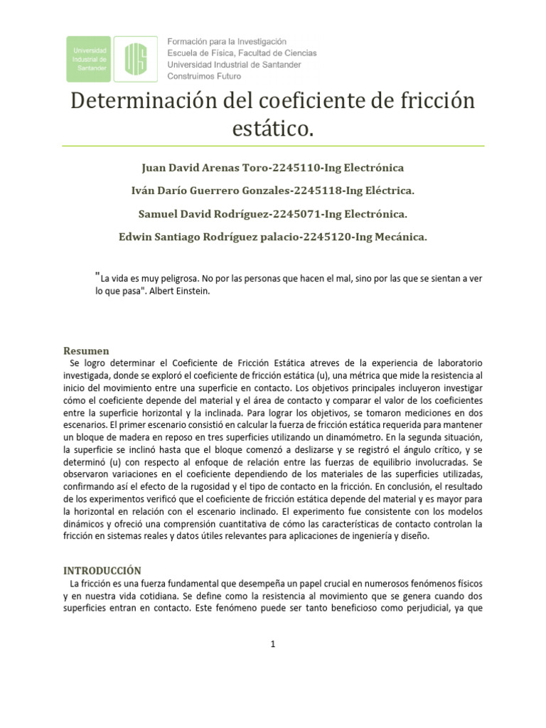 Lab Determinacion Del Coeficiente de Friccion Estatica. | PDF | Fricción | Fuerza