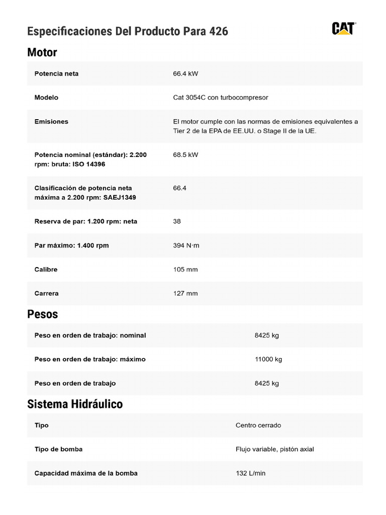 Especificaciones Retrocargador 426 | PDF