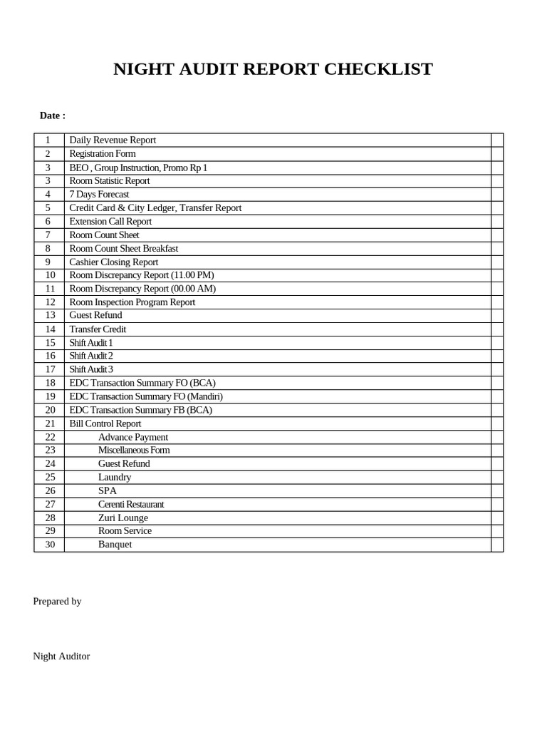 NIGHT AUDIT REPORT CHECKLIST | PDF