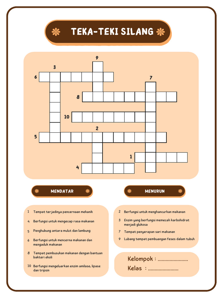 Lembar Kerja Teka-Teki Silang Sistem Pencernaan Cokelat Sederhana | PDF