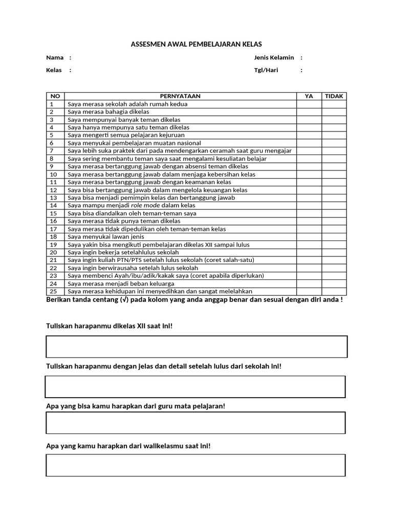 ASSESMEN AWAL PEMBELAJARAN KELAS | PDF