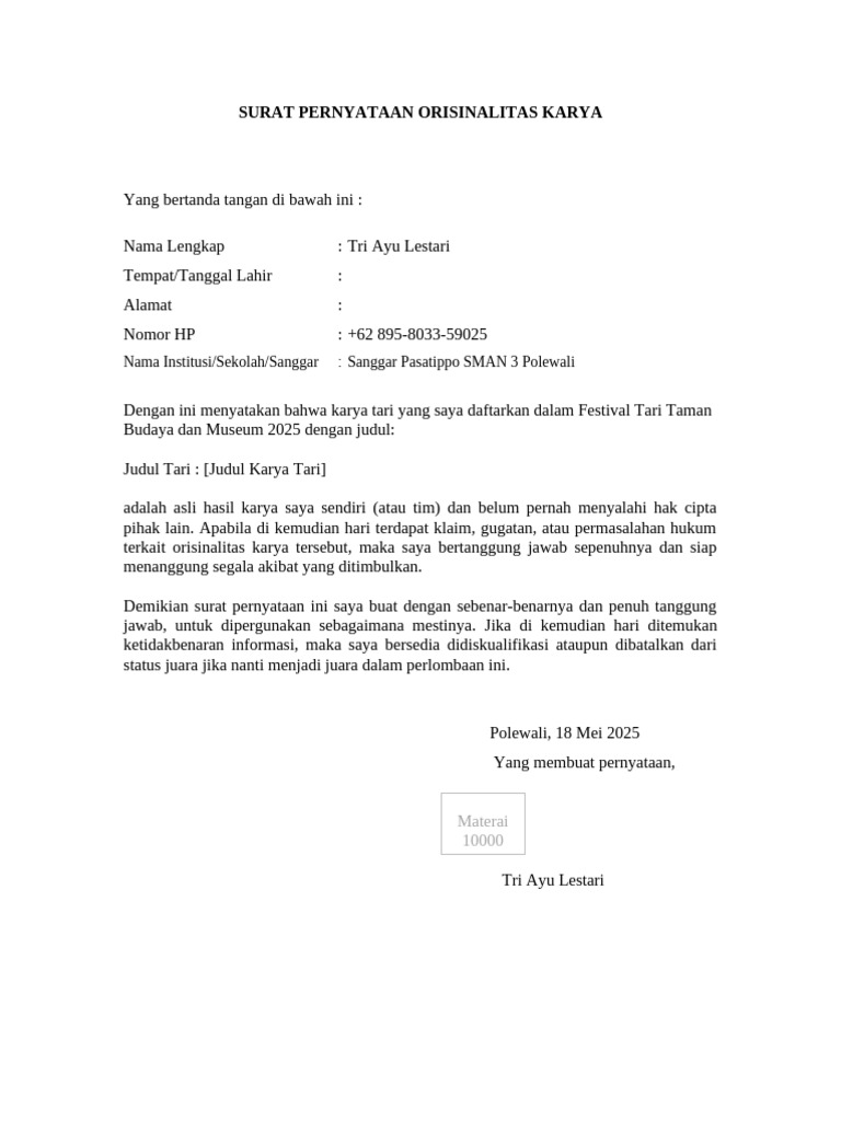Surat Pernyataan Keaslian Karya | PDF