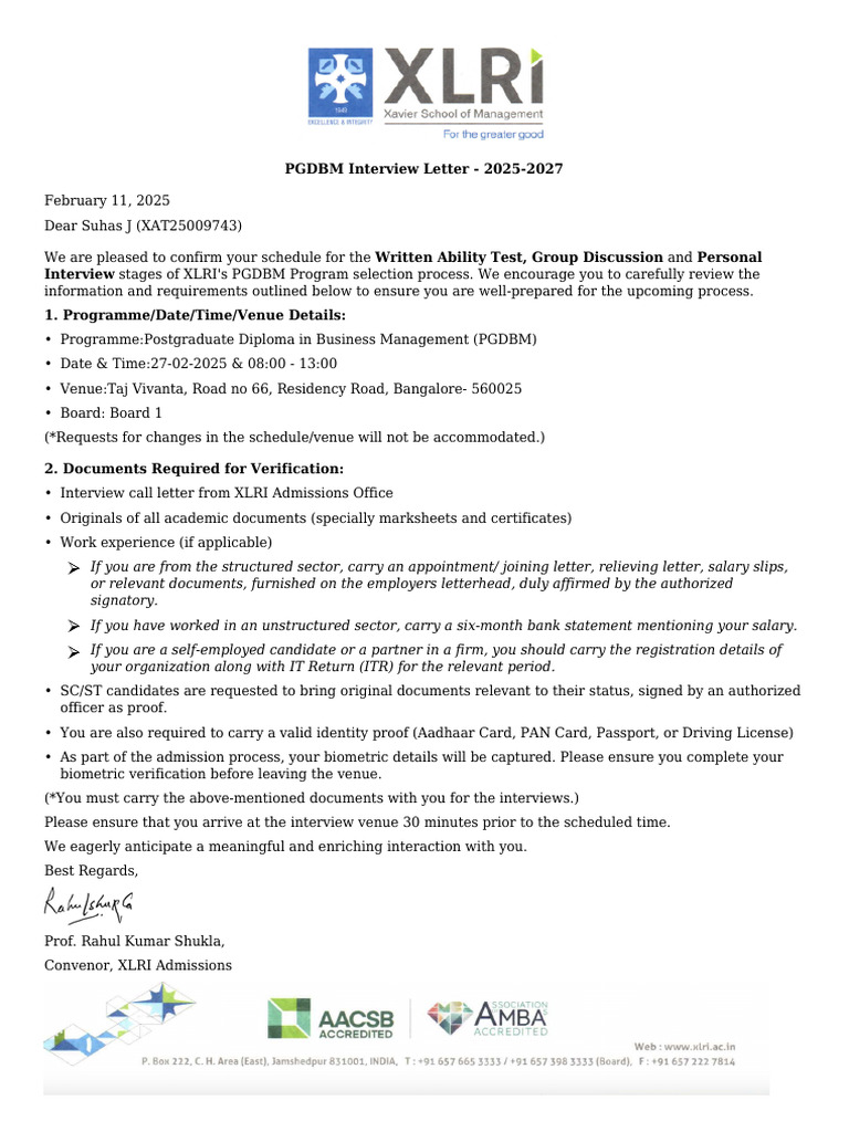 PGDBM Interview Letter XAT25009743 | PDF
