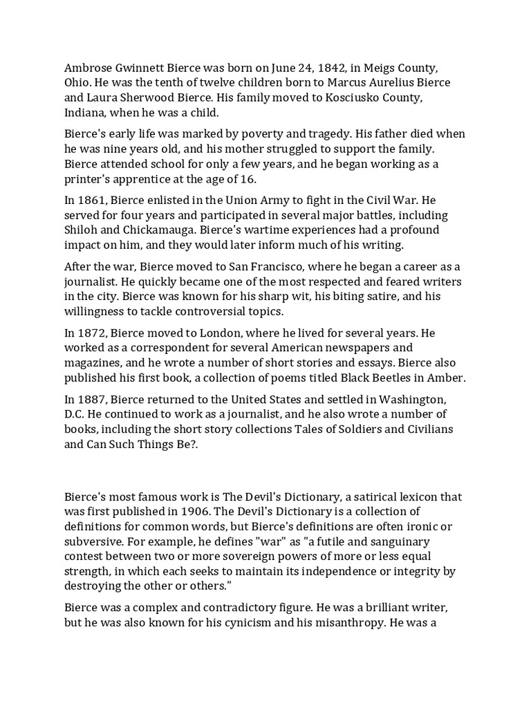 Ambrose Gwinnett Bierce Was Born On June 24 | PDF | Ambrose Bierce ...