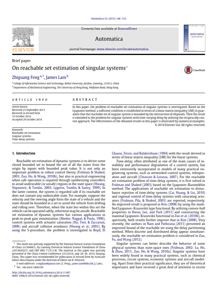 Feng, Z., & Lam, J. (2015) - On Reachable Set Estimation of Singular Systems. Automatica | PDF ...