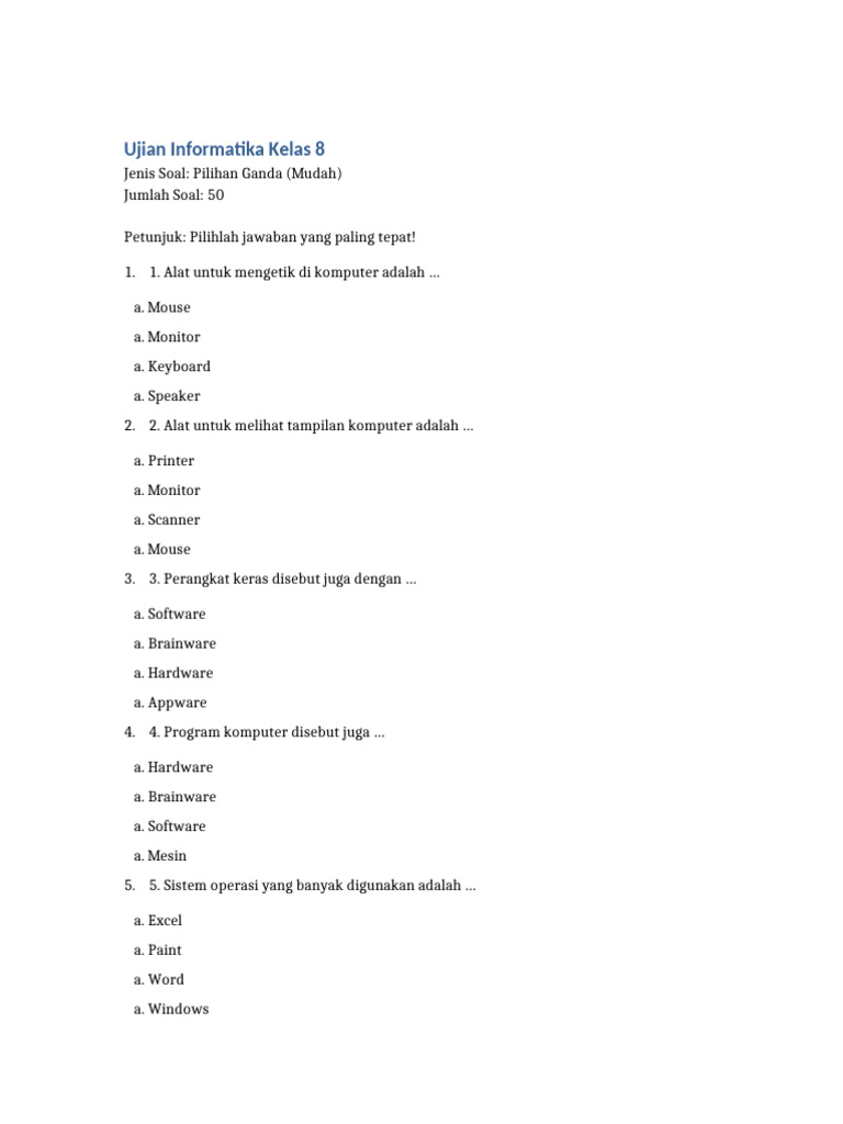 Soal Ujian Informatika Kelas 8 50 Soal | PDF