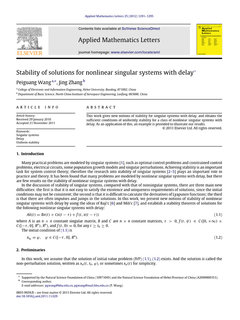 Wang12 - Stability of Solutions For Nonlinear Singular Systems With Delay | PDF | Mathematics ...