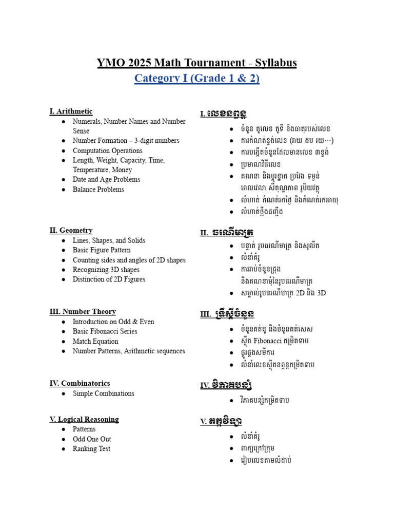 YMO 2025 Math Tournament - Syllabus | PDF