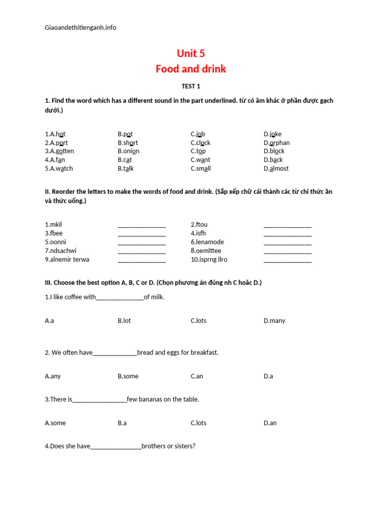 Đề Ktra t.anh 7 Unit 5 | PDF | Vietnamese Cuisine | Salad