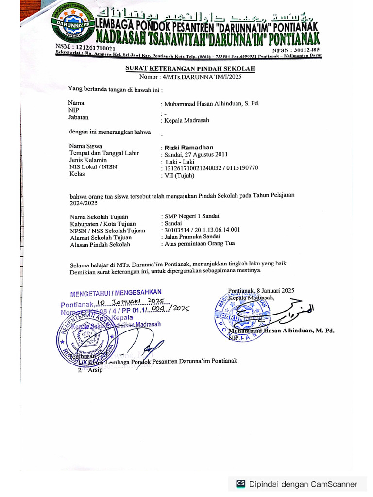 Surat Pindah Rizki Ramadhan | PDF