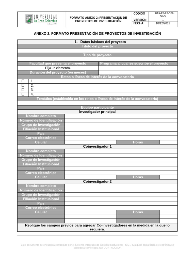 Anexo 2 Formato Presentacion de Proyectos de Investigacion Convocatoria Julio Cesar Garcia 2021 ...
