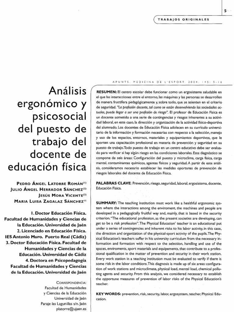 Analisis Ergonomico y Psicosocial Del Profesor de Educacion Fisica ...