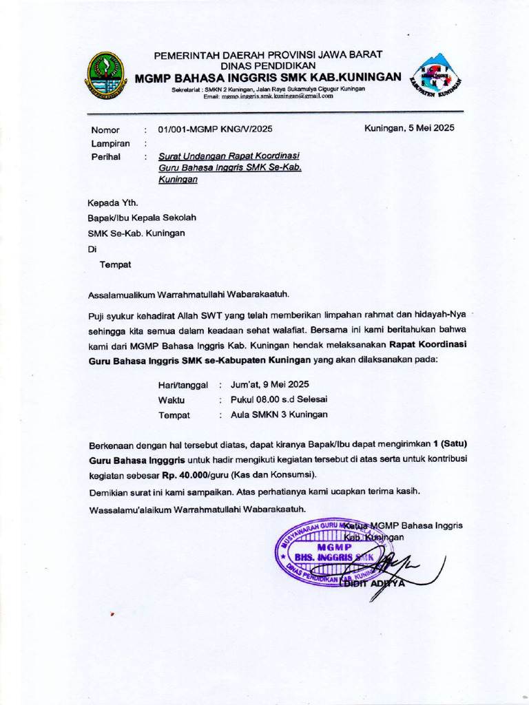 Undangan Rapat Koordinasi MGMP BI | PDF