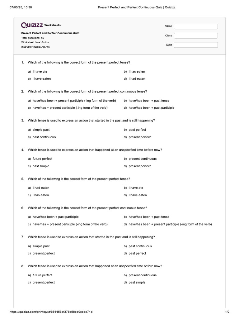 Present Perfect Continuous Quiz | PDF | Grammatical Tense | Perfect ...