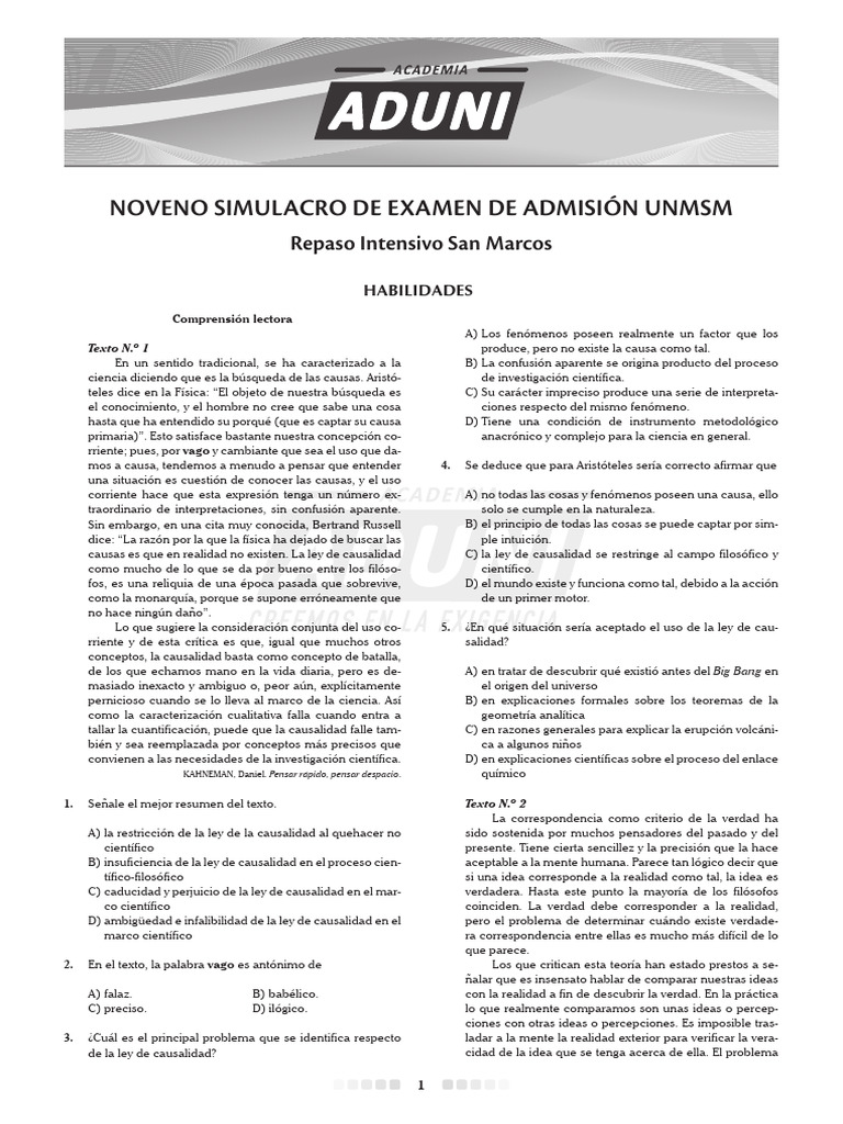 9 Simulacro Tipo Unmsm | PDF | Causalidad | Verdad