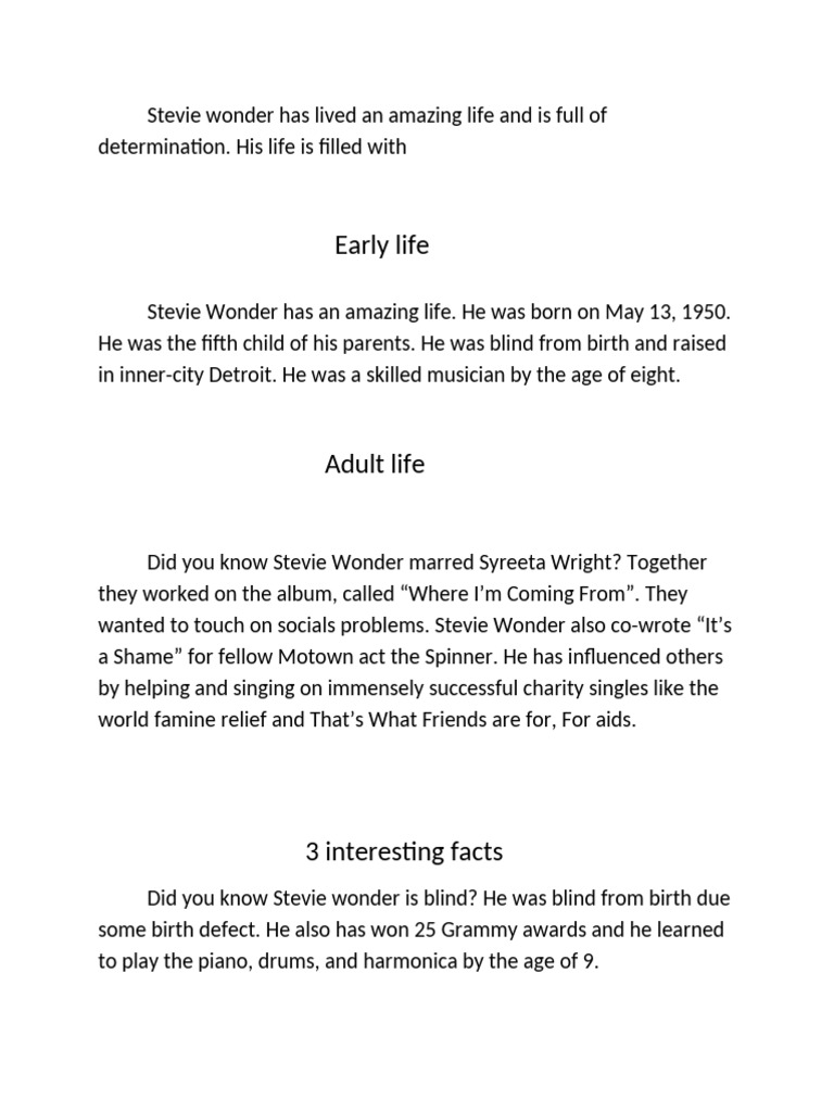 Stevie Wonder: Life, Achievements & Facts | PDF