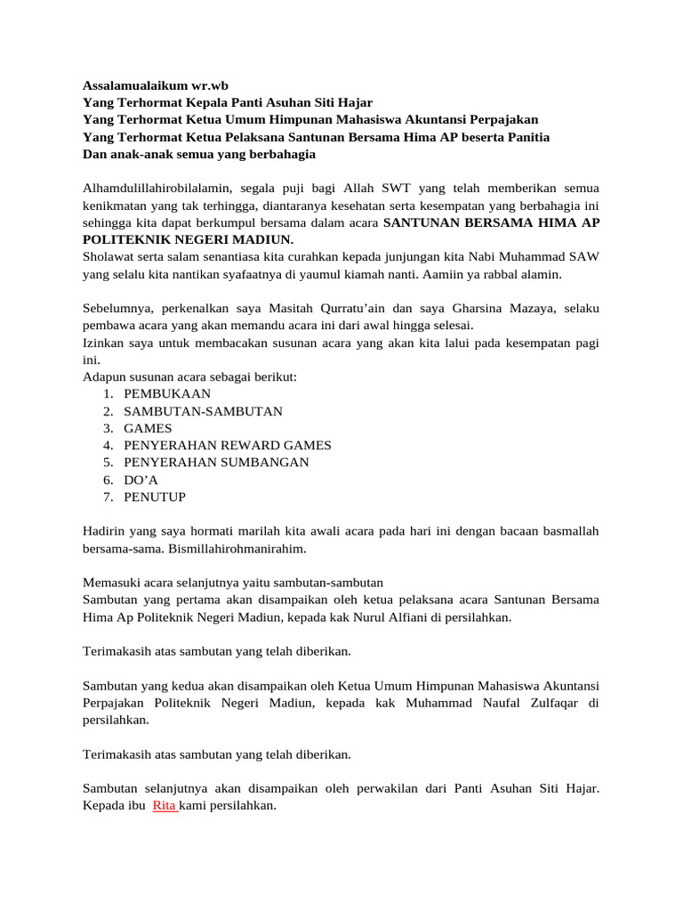 MC Santunan Bersama Hima AP 2024 | PDF