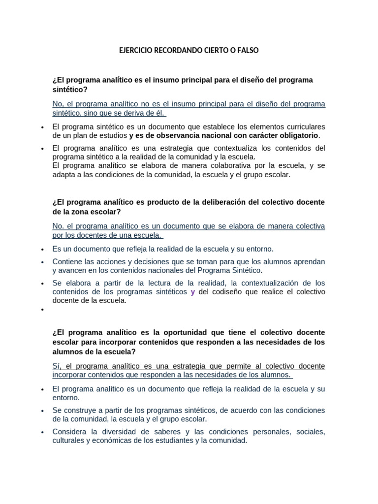 EJERCICIO CIERTO O FALSO | PDF | Plan de estudios | Enseñando