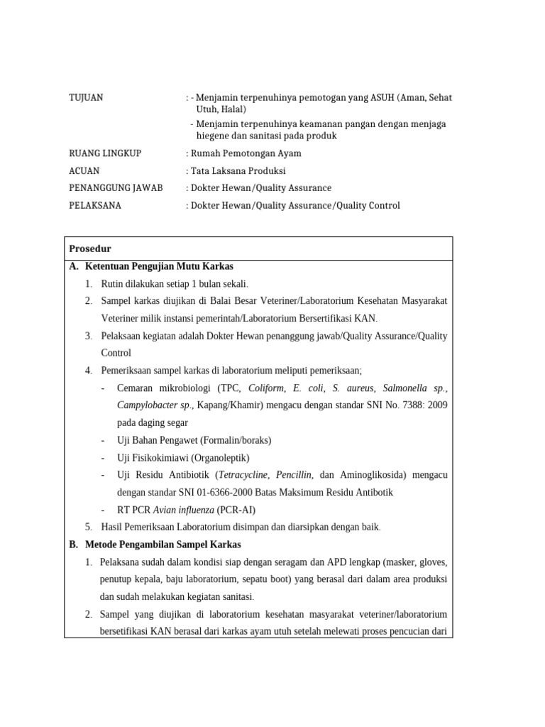 Sop Pemeriksaan Mutu Karkas Rpa | PDF