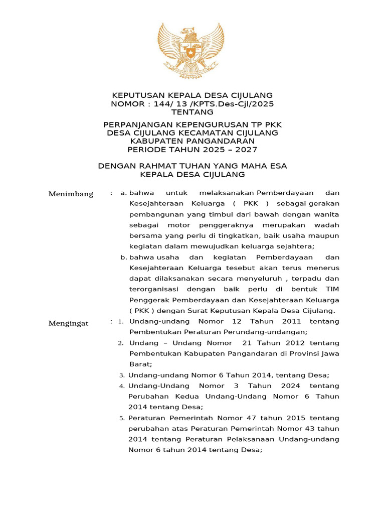 SK Pengukuhan Pengurus TP PKK Desa Cijulang Tahun 2025-2027 | PDF